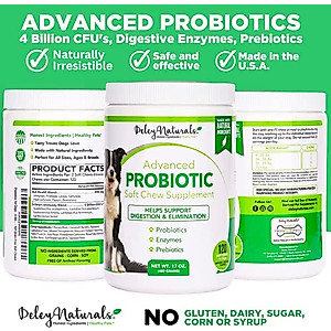Deley Naturals Probiotics for Dogs - 120 Grain Free Chicken Soft Chews - 4 Billion CFU's, Digestive Enzymes, Prebiotics - Dog Allergies, Diarrhea, Bad Dog Breath, Constipation, Gas, Yeast- Made in USA
