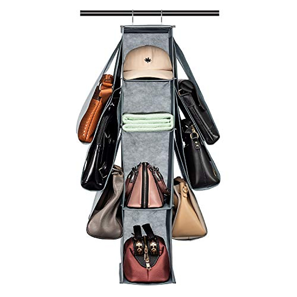SAVERHO Hanging Purse Organizer,Closet Purse Organizer with 10 Compartments Handbag Storage Organizer for Wardrobe Accessories Storage Bag (Grey)