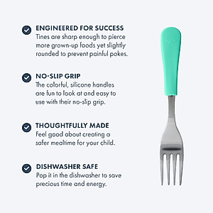 Avanchy Baby Spoons and Forks Stainless Steel and Silicone Set, Self Feeding Food Utensils, 4 Months Baby Led Weaning, 2 Pack, Green Spoon, Fork