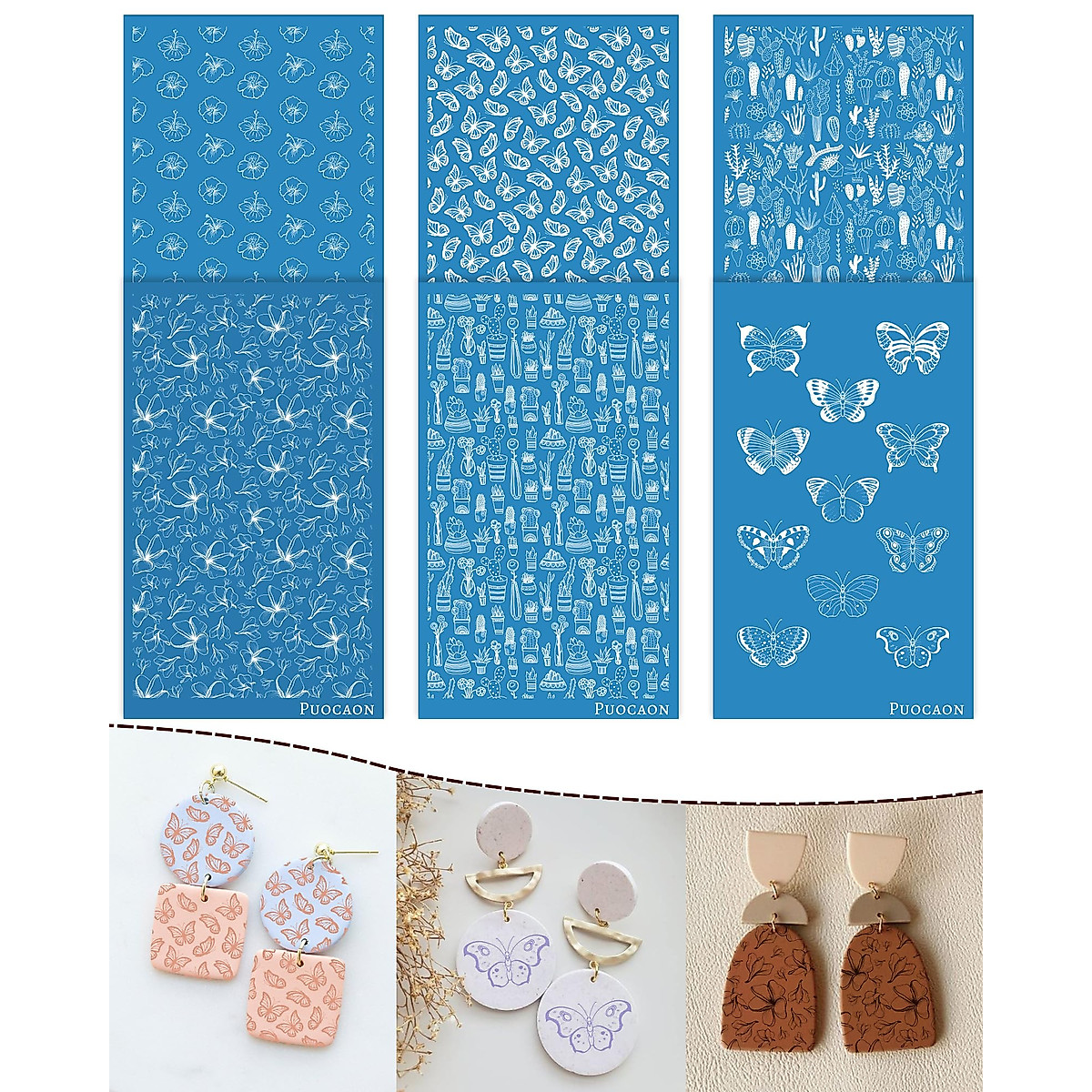 Puocaon Butterfly Clay Silk Screen - 6 Pcs Reusable Cactus Silk Screen Stencils for Polymer Clay Earrings Making, Boho Leaves Hibiscus Syriacus Flower Silk Screen Stencils for Polymer Clay Jewelry