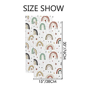 Hand Bath Towels 2 Pack Festive Boho Rainbow Stars Absorbent Face Fingertip Towels for Bathroom Kitchen Gym Spa Soft Hair Drying Cloth Quick Dry, 30 x 15 Inch