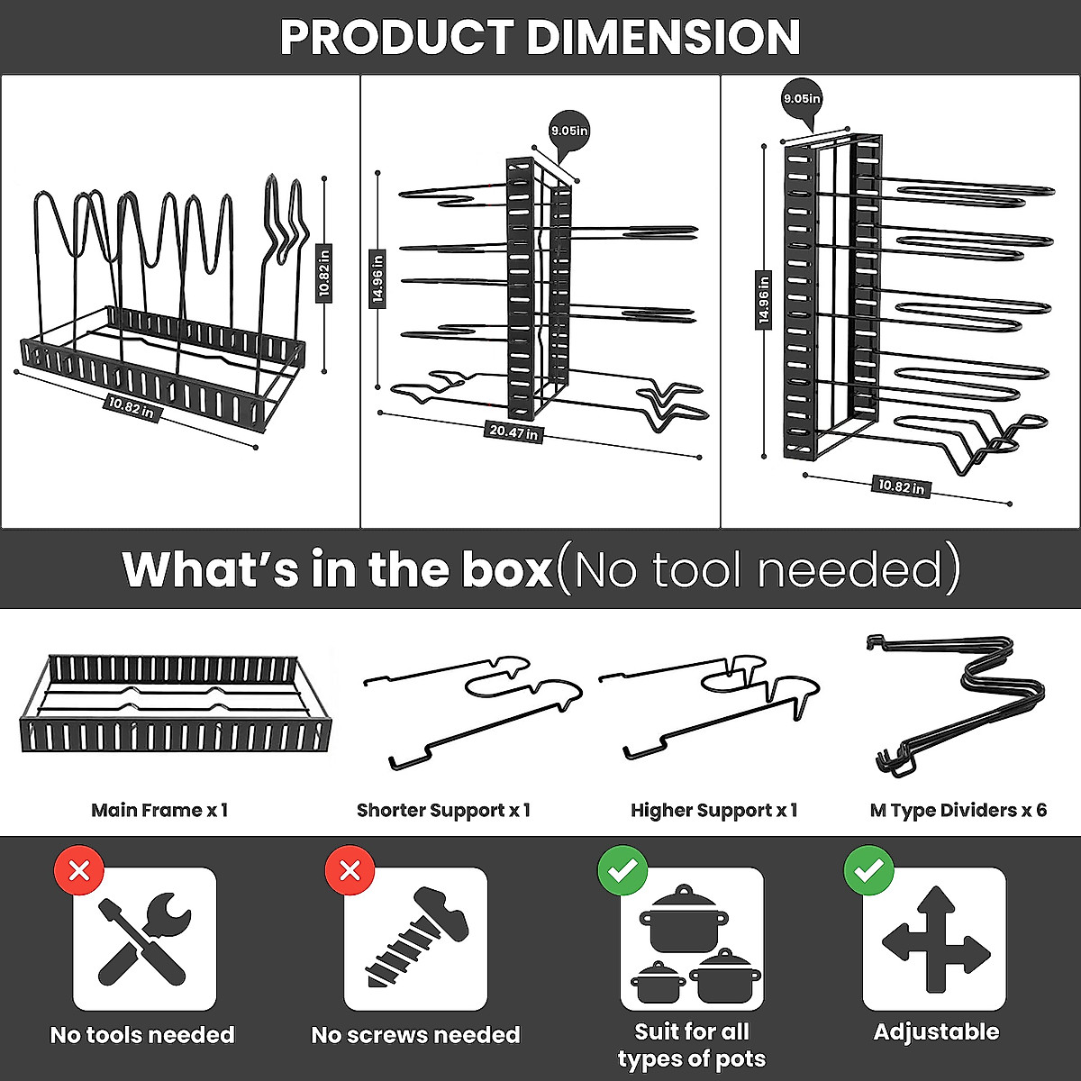 Generic 8 Tier Pot And Pan Organizer For Cabinet - Sturdy Iron Base, Easy Assembly, 8 Adjustable Tiers, Clears Countertops