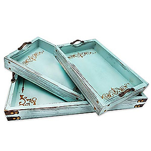 Coffee Table Tray Serving Tray with Handles – 3-Piece Vintage-Style Aqua Blue Decorative Tray Set – Ottoman Tray for Living Room, Breakfast Tray & Bed Tray Decor – Fir Wood Tray Set by Modern 5th