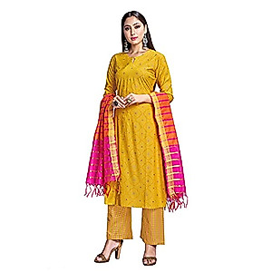 Indian Kurti With Pant & Dupatta For Womens |Rayon Printed Kurta Kurtis For Women Tunic Set Yellow