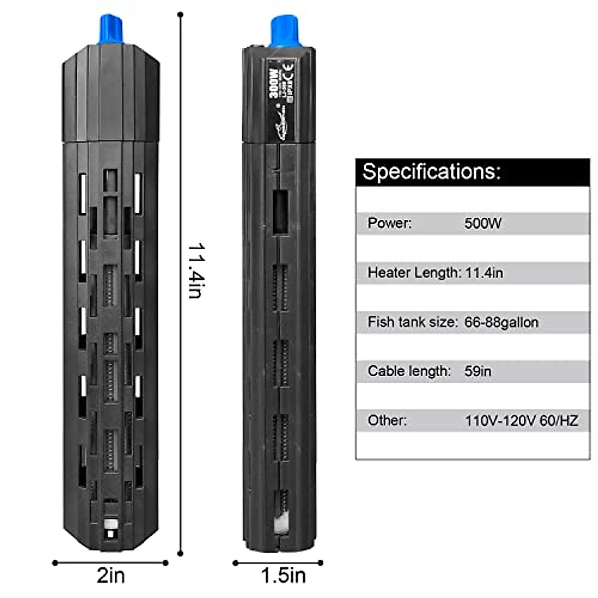 WELOMELO 300W / 500W Submersible Fish Tank Heating Rod, Temperature Adjustable Fish Tank Heating Rod/Ultra Short Fish Tank Heating Rod with 2 Suction Cups-500W