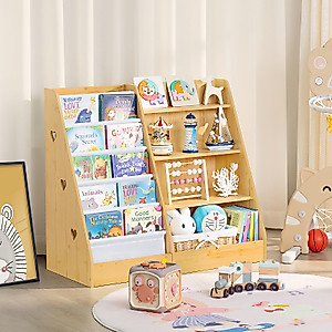 Lerliuo 4 Tier Kids Bookshelf and Storage Organizer, Five Layer Sling Children Bookcase, Baby Toddler Wooden Book Shelf, Display Cabinet for Playroom, Bedroom, Classroom, Nursery, School (Natural)
