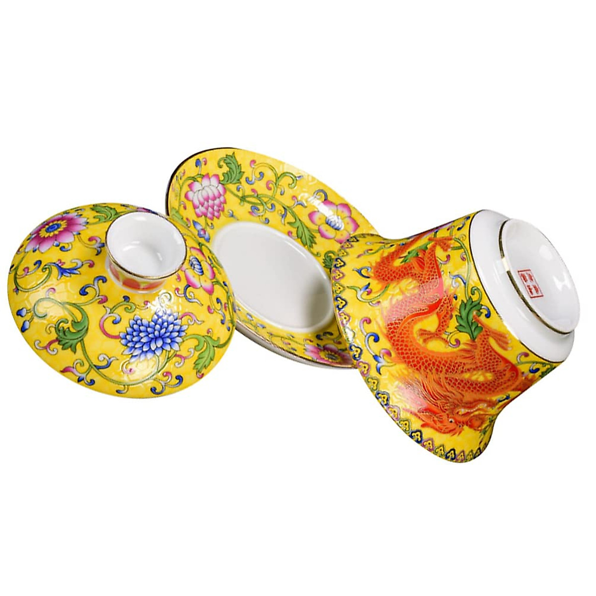 YARNOW Chinese Porcelain Teacup, 1Set of Gaiwan Tureen Cover Bowl Lip Cup Saucer Tea with Lid, Yellow Dragon