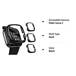[3 Pack] iVoler Screen Protector Tempered Glass for Fitbit Versa 2, Hard PC case with Bumper Cover Sensitive Touch Full Coverage Protective Case for Versa 2 Smart Watch, Black