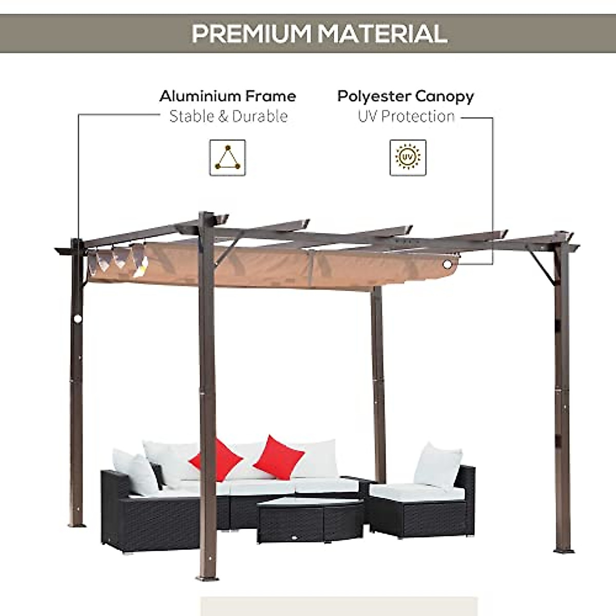 Outsunny 10' x 10' Outdoor Retractable Pergola Canopy, Aluminum Patio Pergola, Backyard Shade Shelter for Porch Party, Garden, Grill Gazebo - Brown