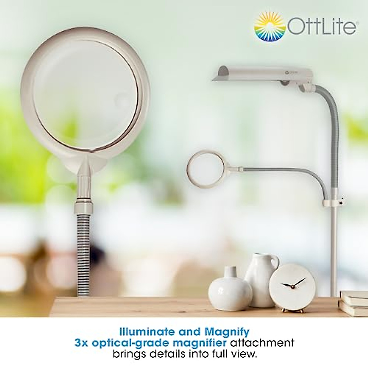 OttLite 18w EasyView Standing Floor Lamp with Optical Grade 3X Magnifier Attachment Arm & Flexible Neck - Wide Wing Shade with Modern Design for Crafting, Work, Office, Dorm Room, Sewing & Reading