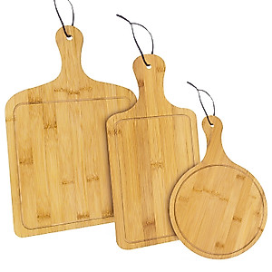 Ricawa Wood Cutting Board Set 3PCS, Kitchen Bamboo Cutting Board, Chopping Board with Juice Groove and Handle – Wood Serving Tray for Meet, Bread, Pizza, Cheese, Fruit &Vegetables(3 Pack, 3 Style)