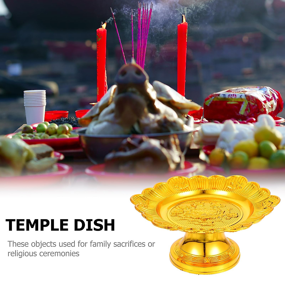 Buddha Altar Fruit Plate：2PCS Offering Plate Tribute Serving Trays - Offering Fruit Desserts and Snacks for Buddha Altar Temple - Gold (8 Inches)
