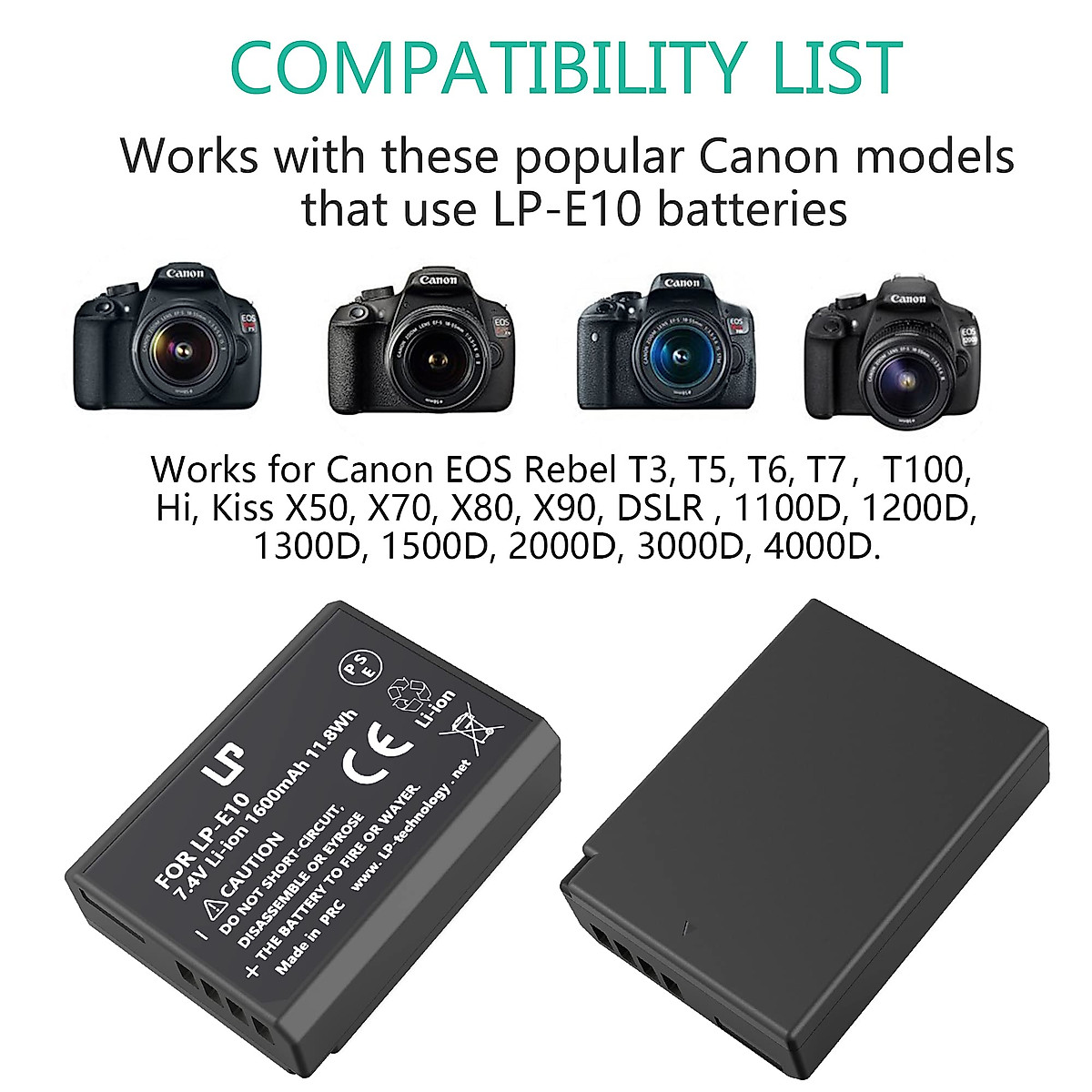 LP-E10 Battery Charger Pack, LP Replacement Battery & Charger Compatible with Canon EOS Rebel T7, T6, T5, T3, T100, 4000D, 3000D, 2000D, 1500D, 1300D, 1200D & More (NOT for T3i T5i T6i T7i)