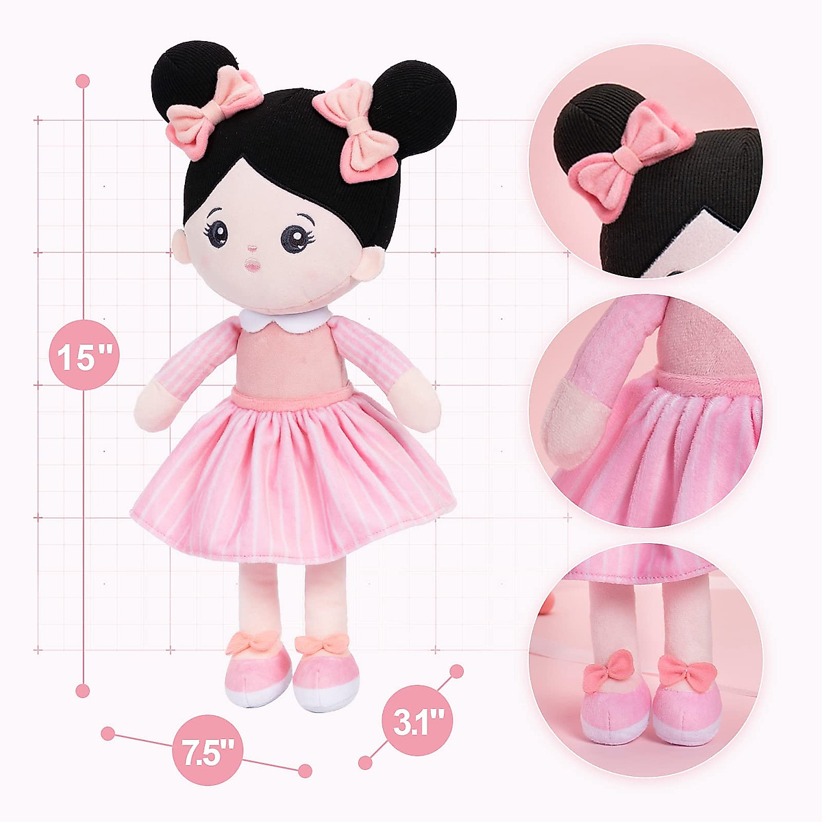 OUOZZZ 15" Soft Baby Doll for Girls Black Hair Pink Dress & Baby Girl Gifts Mermaid Toys - 6 Pieces Plush Toys Stuffed Animal Playset