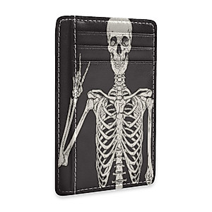Linomo Thin leather Card Holder and Money Clip Funny Skeleton Wallet RFID Blocking for Men & Women