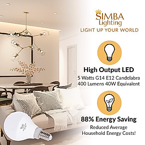 Simba Lighting LED Candelabra E12 Base G14 Small Globe 5 Watt 40W Replacement Light Bulb (6 Pack) for Ceiling Fan, Chandelier, Vanity, Round A15 Frosted White Cover, Non-Dimmable, 5000K Daylight