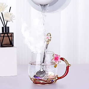 SHEEYEE Tea Cup Birthday Gift for Mom Glass Enamel Lily Flower Tea set with Spoon Gift for Her Women for Mother's Day