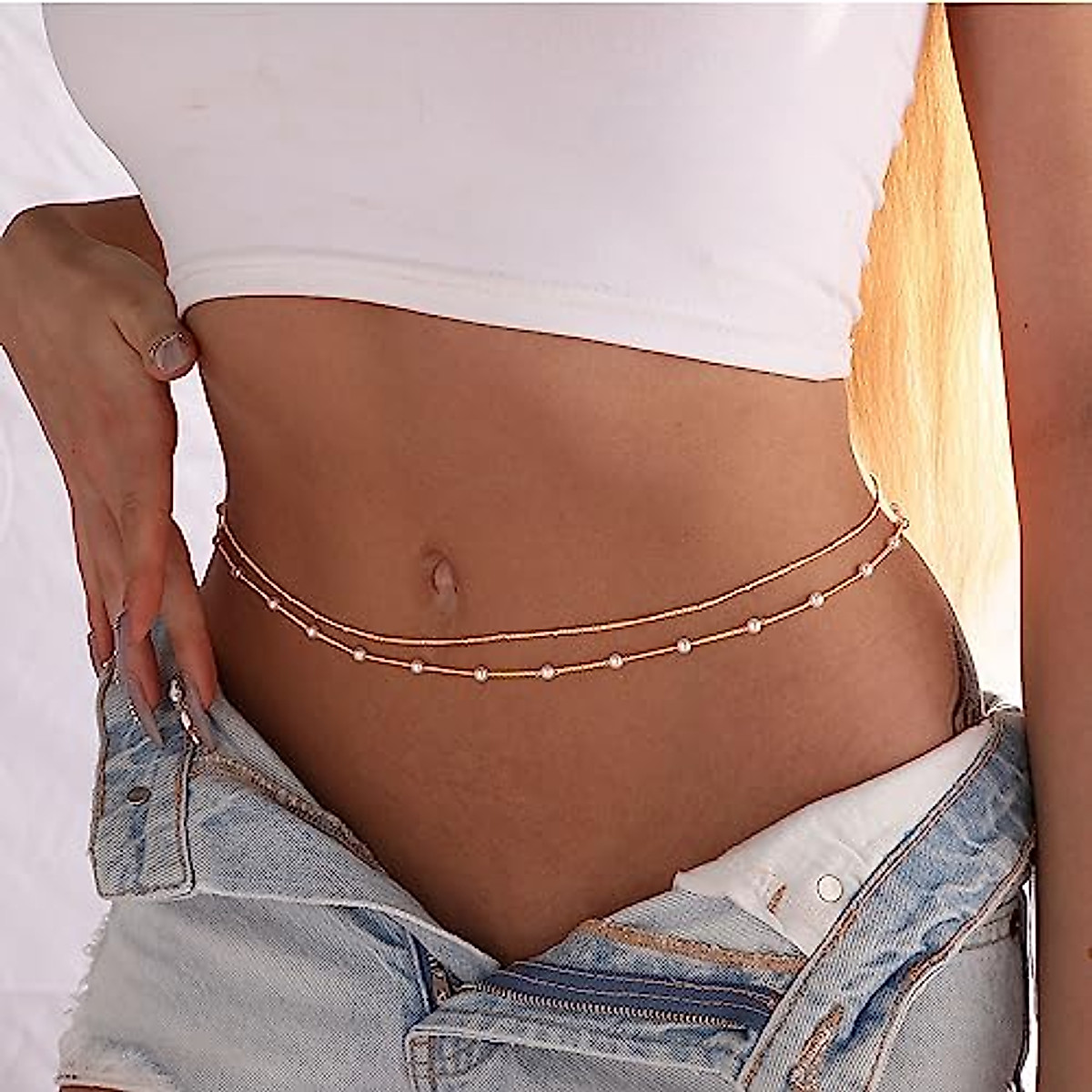 Amicon 2PCS 18K Gold Plated Waist Chain Pearl Belly Body Chain Layered Satellite Waist Chains Minimalist Beach Bikini Body Jewelry for Women 26.5-33Inch