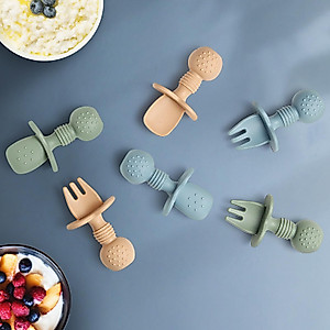 Eascrozn Baby Spoons and Forks Feeding Set, 6 Pack Silicone First Stage Self Feeding Toddler Utensils, BPA Free, Baby Led Weaning Supplies for Training Spoons