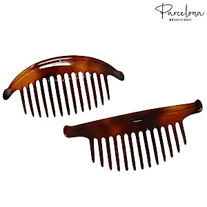 Parcelona French Banana Wide Edge Tortoise Shell Brown Extra Large 7” Celluloid 13 Teeth Set of 2 Side Hair Combs for Women and Girls