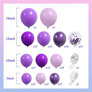 RUBFAC Purple Shades Balloons Garland Arch Kit Assorted Dark Pastel Light Metallic Confetti Purple Balloons Set for Purple Wedding Birthday Graduation Party Decorations