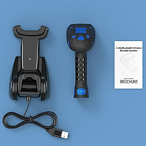 Alacrity Long Distance 1D 2D Industrial Barcode Scanner, Wireless Charging Cradle, 433Mhz Wireless & Bluetooth Barcode Reader, Shock Dust Proof Hands Free, Blue