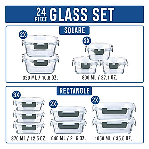 LYTIO Glass Food Containers Storage Organizers for Kitchen Pantry | BPA Free | Leak Proof | Odor Proof | Stain Resistant | 12 Sets | Freezer and Oven Safe(Gray)