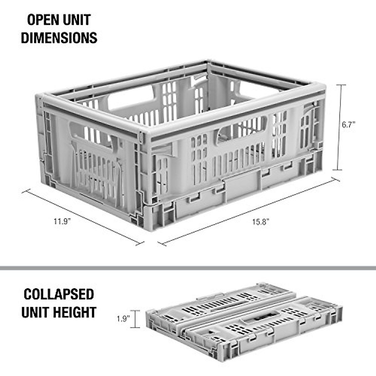 CleverMade CleverCrates Pro-Grade 15.8 Liter Collapsible Storage Bin/Container: Grated Wall Utility Basket/Tote, Grey, 3 Pack