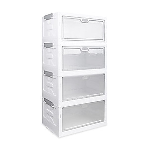 4 Tier Plastic Storage Bins, Folding Storage Organizer with Drawers, Clear Large Storage Containers with Lids and Magnetic Switch-15 * 11 * 31 inch Stackable Organizers for Home, Office, Bedroom