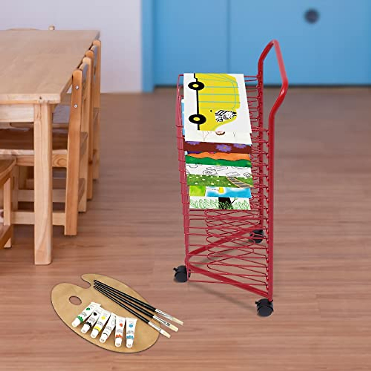 DNYSYSJ Art Drying Rack for Classroom, Paint Drying Rack Art 16 Shelves Metal Artwork Storage Display Rack with Wheels, 16.9x12.6x33.4in (Red)