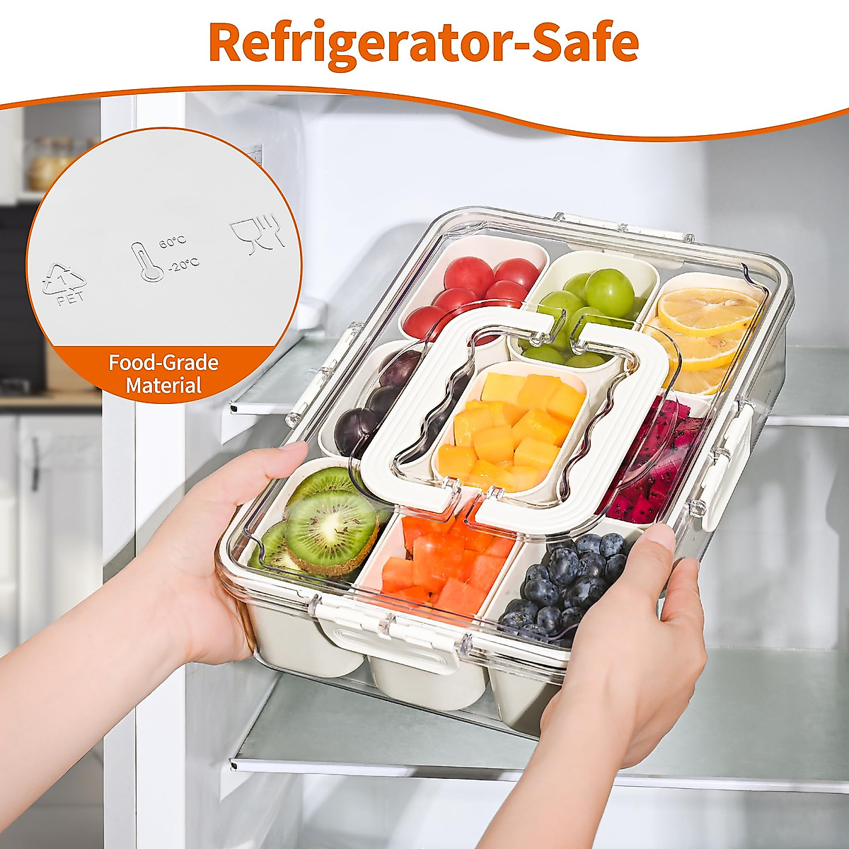 EUGRSHL Divided Serving Tray with Lid and Handle, Fresh Food Storage Container Organizer for Fruits, Vegetables, Salads, Meal Prep (White)