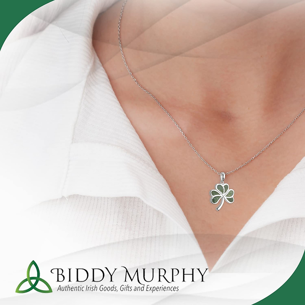 Biddy Murphy, Women's Irish Shamrock, Lucky Three Leaf Clover 925 Sterling Silver Pendant 18" Inch Necklace with Connemara Marble Inlay
