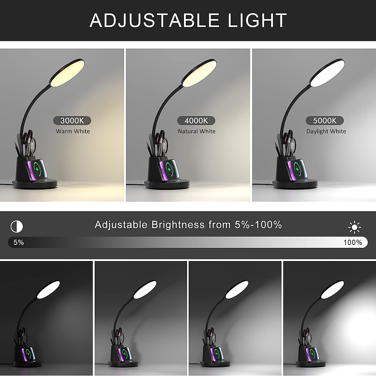 Vicsoon LED Desk Lamp with Wireless Charger, Desk Lamp for Home Office with Pen Phone Holder, Flexible Arm Dimmable 3 Color Modes Eye Caring Small Study Desk Light for College Dorm, 800 Lumens CRI 90