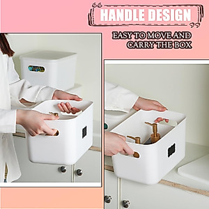 BBTO 8 Pcs White Plastic Storage Bins with Lids Organizing Container with Handle Stackable Containers for Organizing Including Labels and Marker for Table Organization, 10.2 x 7.3 x 6.5 Inch