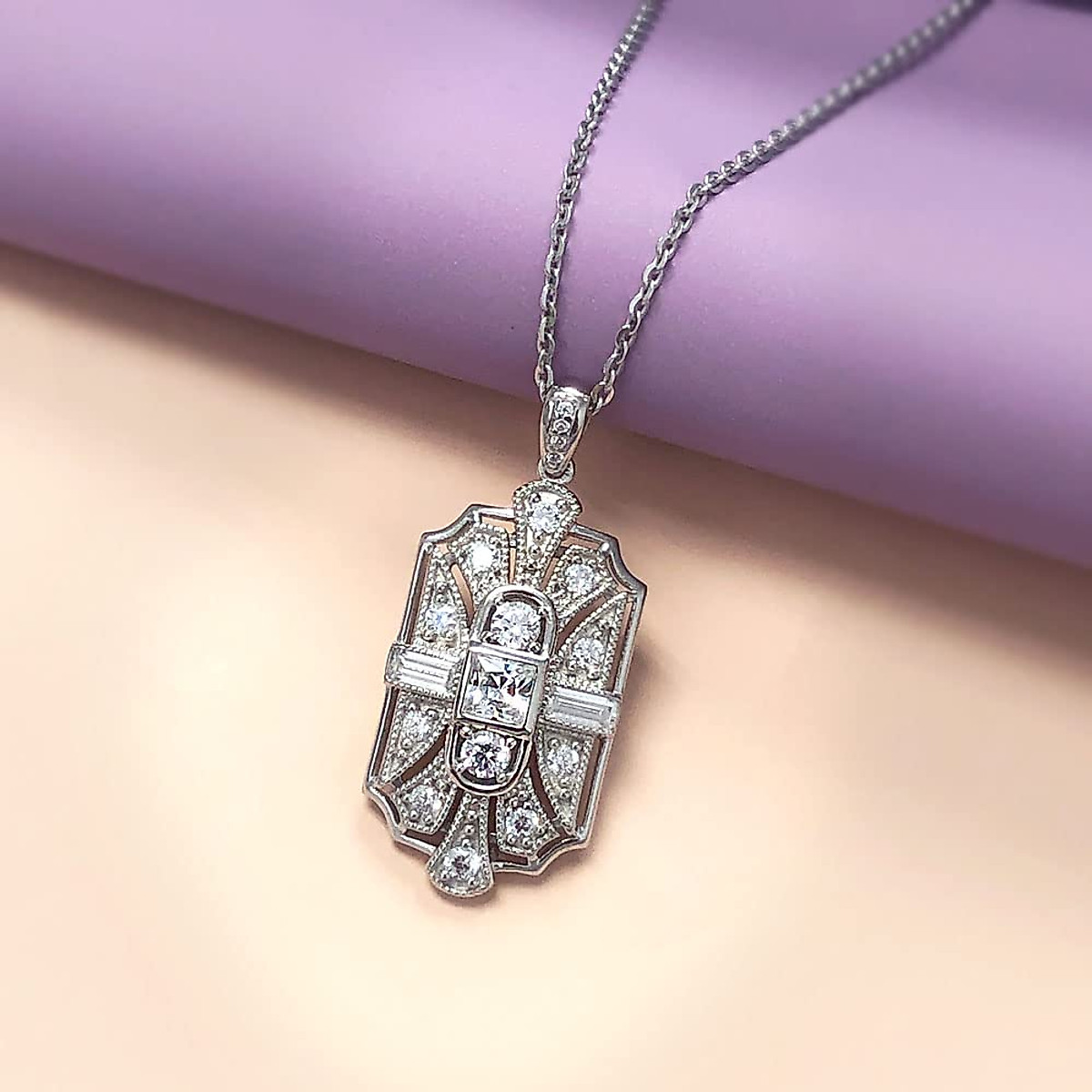 BERRICLE Sterling Silver Art Deco Cubic Zirconia CZ Milgrain Pendant Necklace for Women, Rhodium Plated