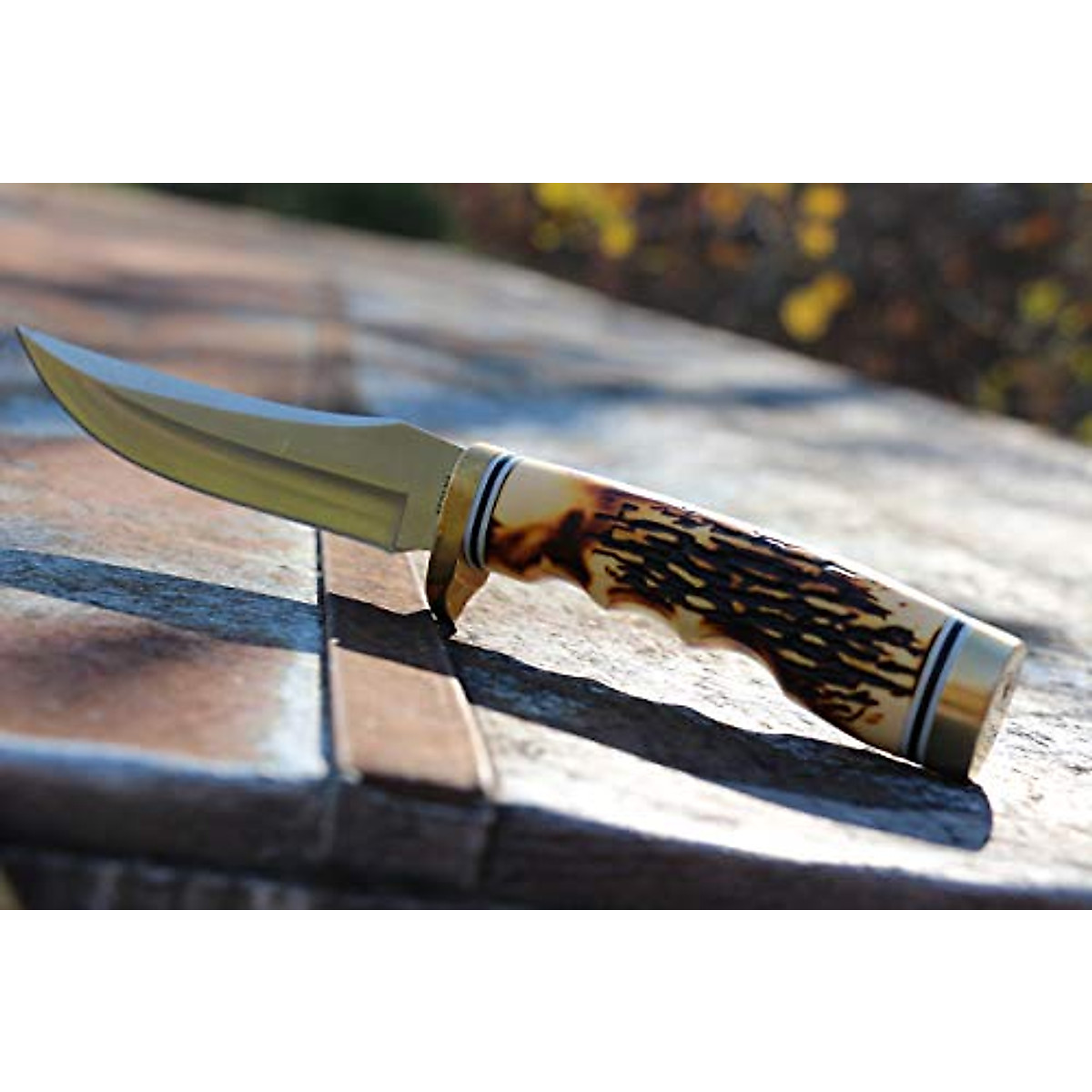 Uncle Henry 153UH Golden Spike Fixed Blade Knife with 5in High Carbon S.S. Blade, Staglon Handle, Sharpening Stone, Full Tang, and Leather Sheath for Hunting, Skinning, Camping, and Outdoors