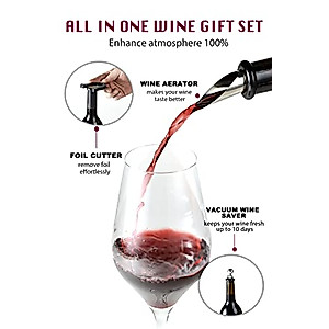 Wine Opener, KITESSENSU Easy Lever Wine Corkscrew with No-Stick Worm, 6-Piece Wine Bottle Opener Set with Foil Cutter, Bottle Stopper, Pourer, Extra Cork Screw and Base, Silver