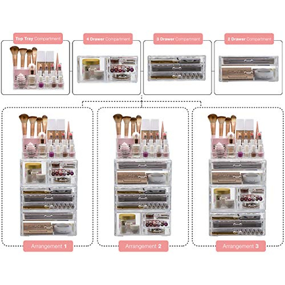 Sorbus Large Clear Makeup Organizer - Detachable 4-Piece Jewelry & Make Up Organizers and Storage Set - Spacious Cosmetic Display Tower - Makeup Organizer for Vanity, Bathroom, Dresser & Countertop