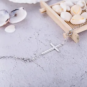 BlingGem Cross Bracelet for Women Sterling Silver Sideways Cross Dainty Religious Symbol Faith God Blessed Confirmation Baptism Jewelry Gifts for Women