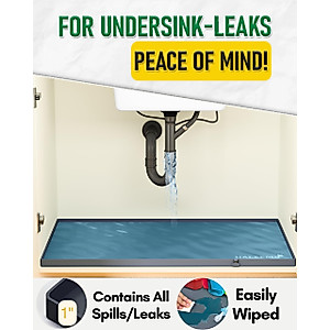 HALEEMS Under Sink Mat with Unique Drain Hole Design - Silicone 34'' X 22'' Under Sink Mats for Bottom of Kitchen Sink - Kitchen Cabinet Mats Hold up to 3 Gallons Liquid, Protector Tray, Easy to Clean