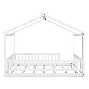 Harper & Bright Designs Full House Bed with Rails,Full Floor Bed for Kids,Full Size Montessori Bed Frame with Support Slats,Wooden Kids Full Playhouse Beds for Boys Girls(White)