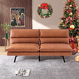 AMICLIBER Futon Sofa Bed, Memory Foam Futon Armless Sleeper Sofa Loveseat Convertible Couch Bed for Small Compact Living Spaces,Apartment,Brown Leather