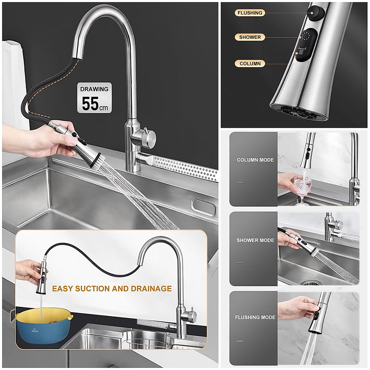 304 Stainless Steel High Arc Brushed Nickel Kitchen Faucet,Silicone Waterfall Outlet Kitchen Sink Faucets,Kitchen Faucet with Pull-Out Down Sprayer,with Deck Single Handle Sink Faucets