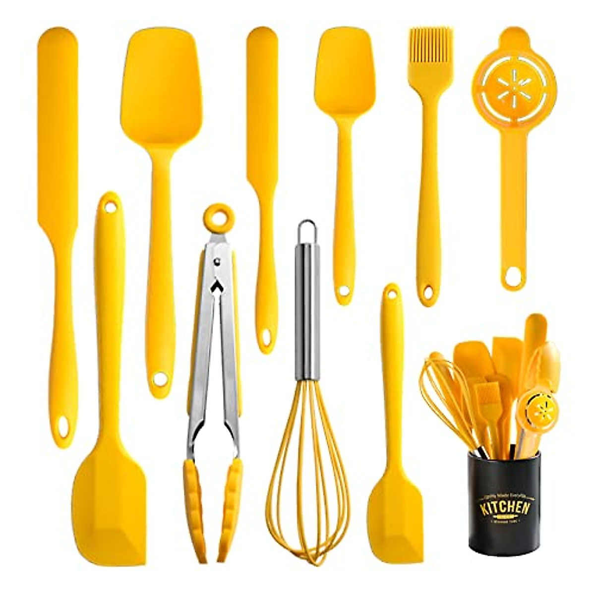 Silicone Spatula Set of 11 Kitchen Utensils with Iron Holder for Baking, Cooking, and Mixing,Cooking Spatulas Nonstick Cookware，Seamless and Flexible,Dishwasher Safe (Yellow)