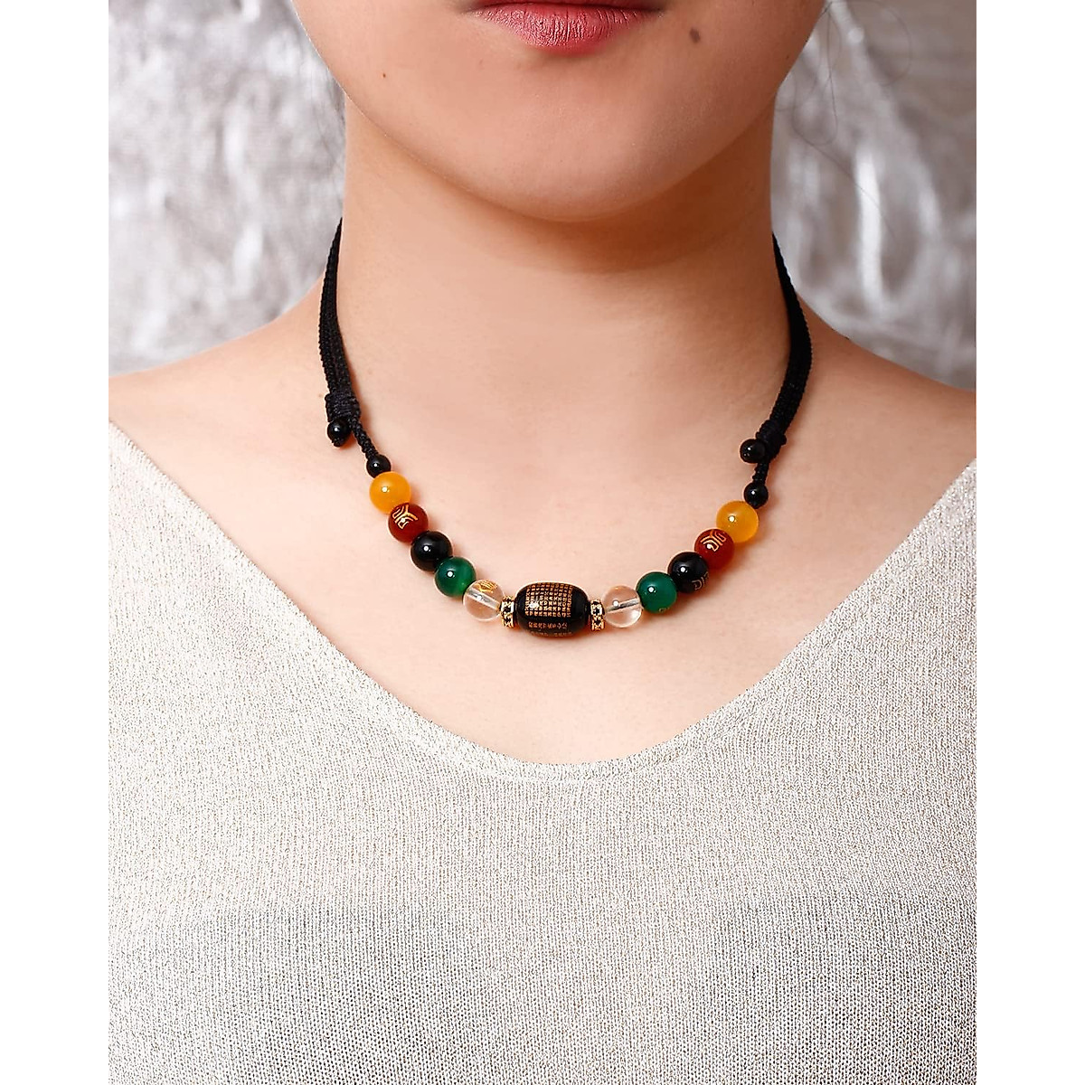 XHUUU Five Elements Agate Beaded with Cord Choker Necklaces for Women Crystals and Healing Stones Heart Sutra Amulet Chokers Necklace