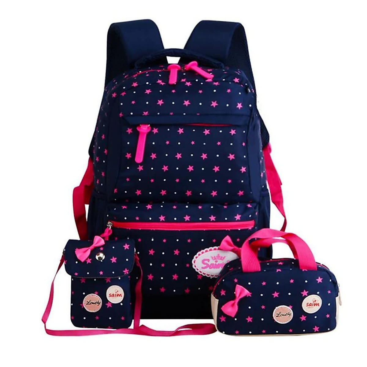 Stars-Print and Bowknot Backpack Set Large Elementary Bookbag 3Pcs Set School bags for Teen Girls