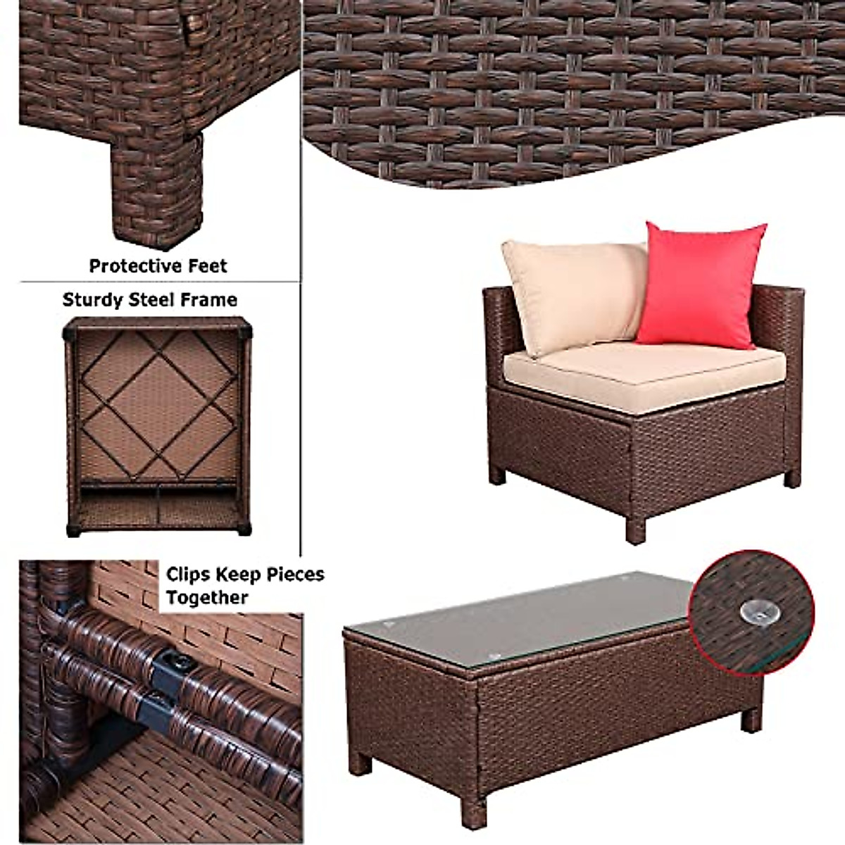 L-DREAM 5-Piece Set Rattan Sofa for Outdoor Patio Furniture Set, Brown PE Rattan Wicker Sofa Set, with Beige Seat Cushions and Rectangular Coffee Table, Garden Furniture (Color : Brown)