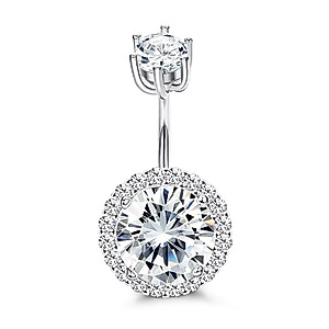 Sllaiss CZ Halo Belly Button Rings for Women 925 Sterling Silver 14G Belly Rings Round Cubic Zirconia Body Jewelry Curved Barbells Navel Rings 3/8" 10mm