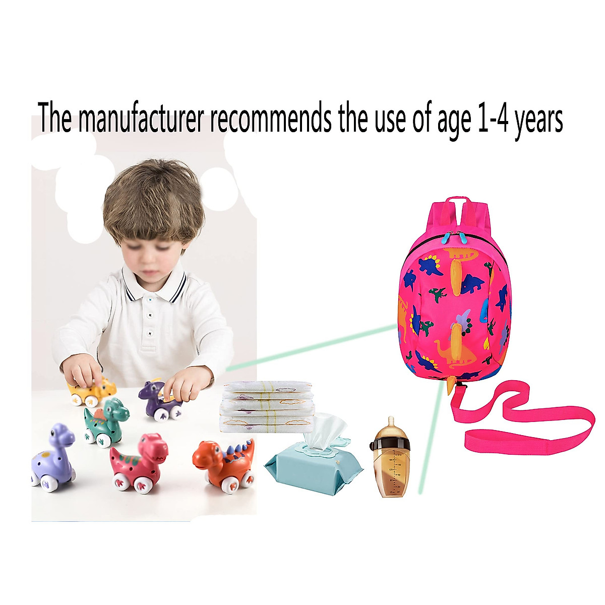 AINIBAB Toddler Dinosaur Mini Backpack with Leash Children Kids Baby Harness Bookbag (Pink)