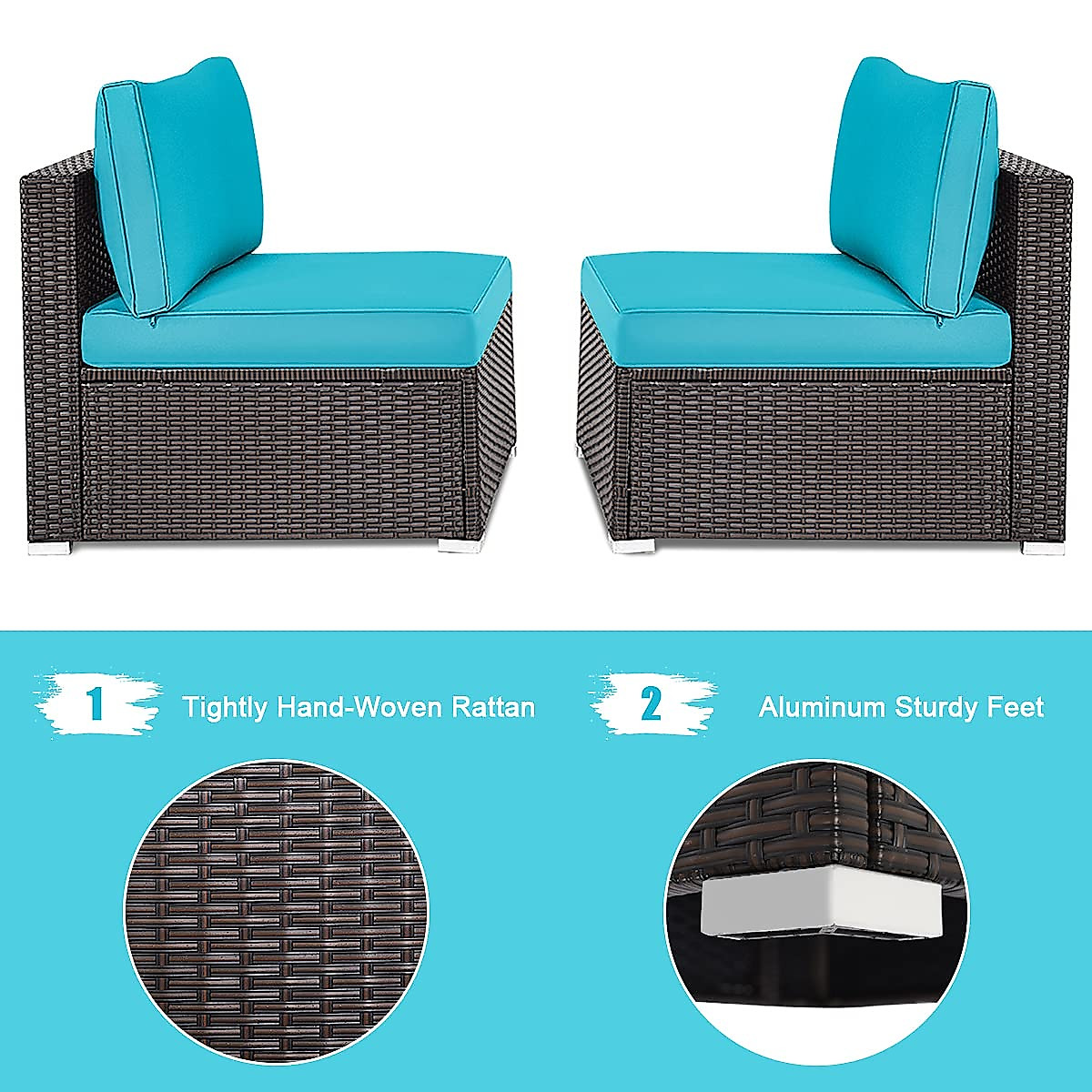 DORTALA 2 Piece Wicker Sectional Armless Chairs, Outdoor Rattan Sectional Sofa Set w/Cushions for Seat and Back, Additional Seats for Garden Balcony Patio Poolside, Turquoise